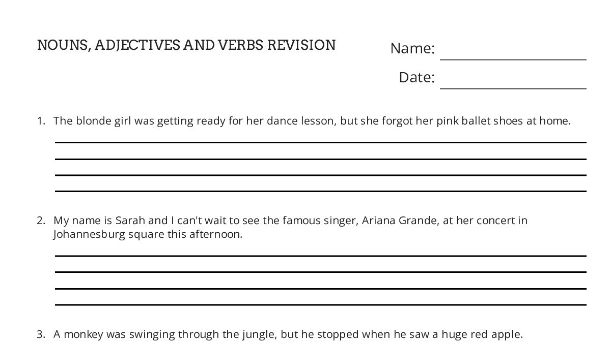 NOUNS, ADJECTIVES AND VERBS REVISION - My Worksheet Maker: Create Your ...