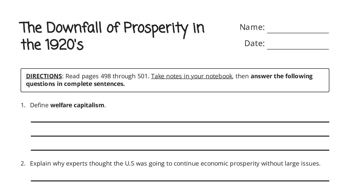 The Downfall of Prosperity in the 1920's﻿﻿ - My Worksheet Maker: Create ...