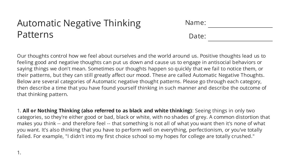 Automatic Negative Thinking Patterns - My Worksheet Maker: Create Your ...