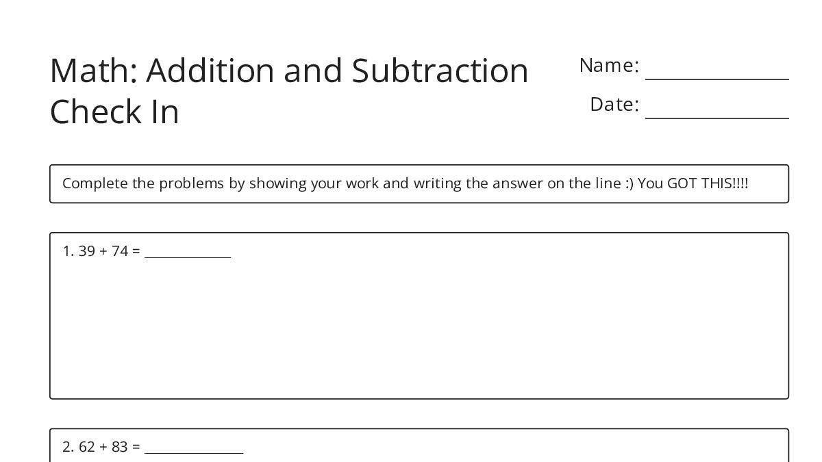 Math: Addition and Subtraction Check In - My Worksheet Maker: Create ...