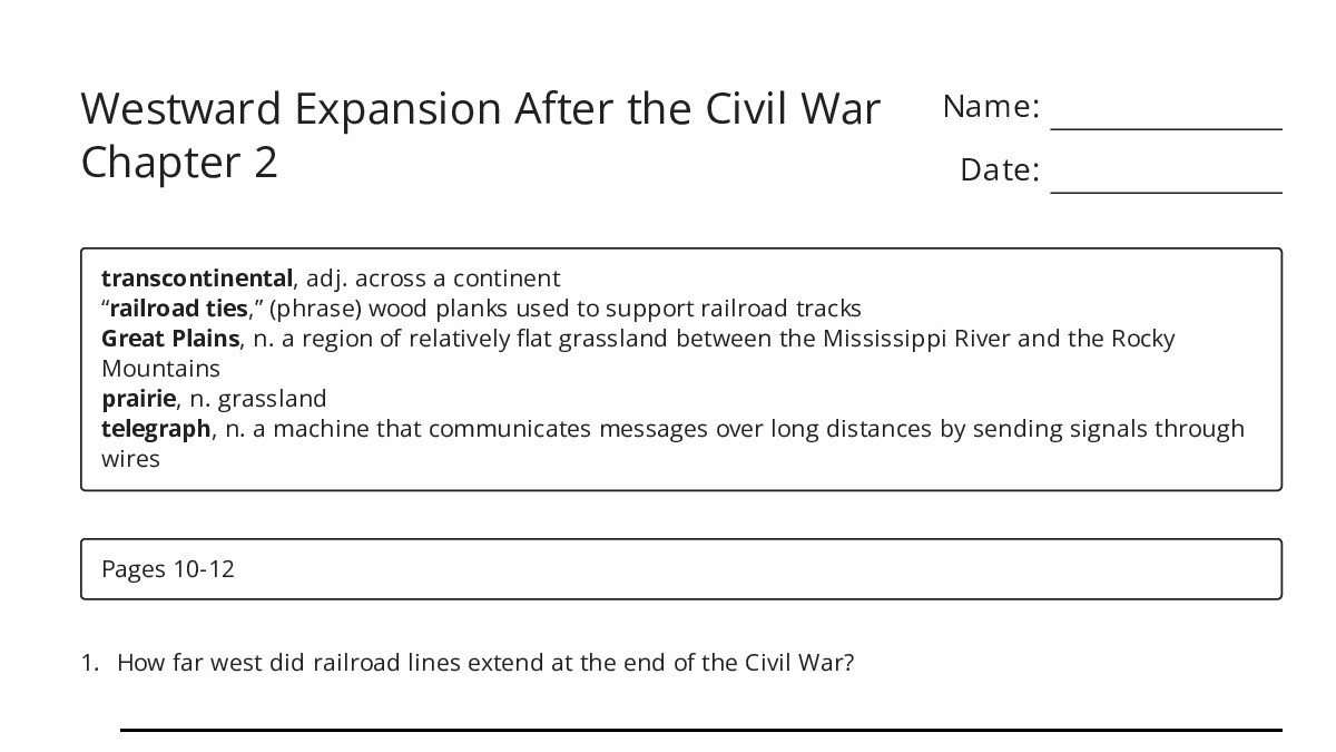 Westward Expansion After the Civil War Chapter 2 - My Worksheet Maker ...