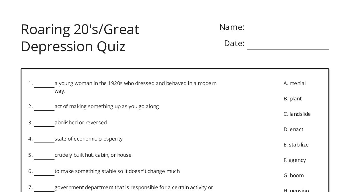 Roaring 20's/Great Depression Quiz - My Worksheet Maker: Create Your ...