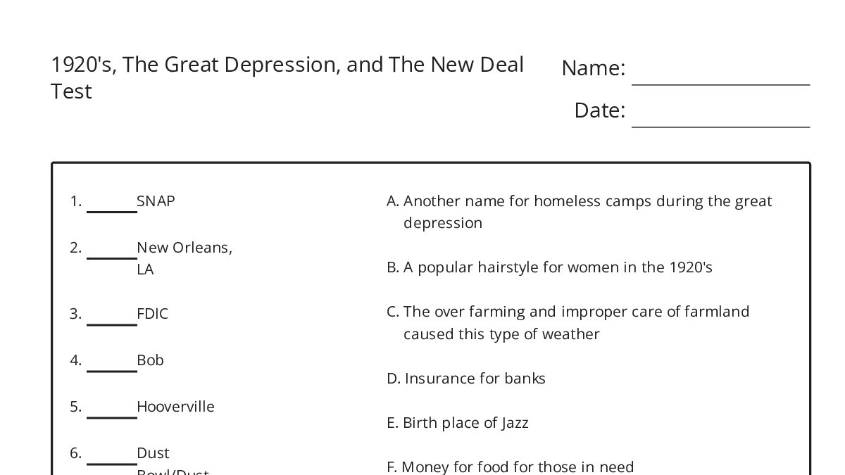 1920's, The Great Depression, and The New Deal Test - My Worksheet ...