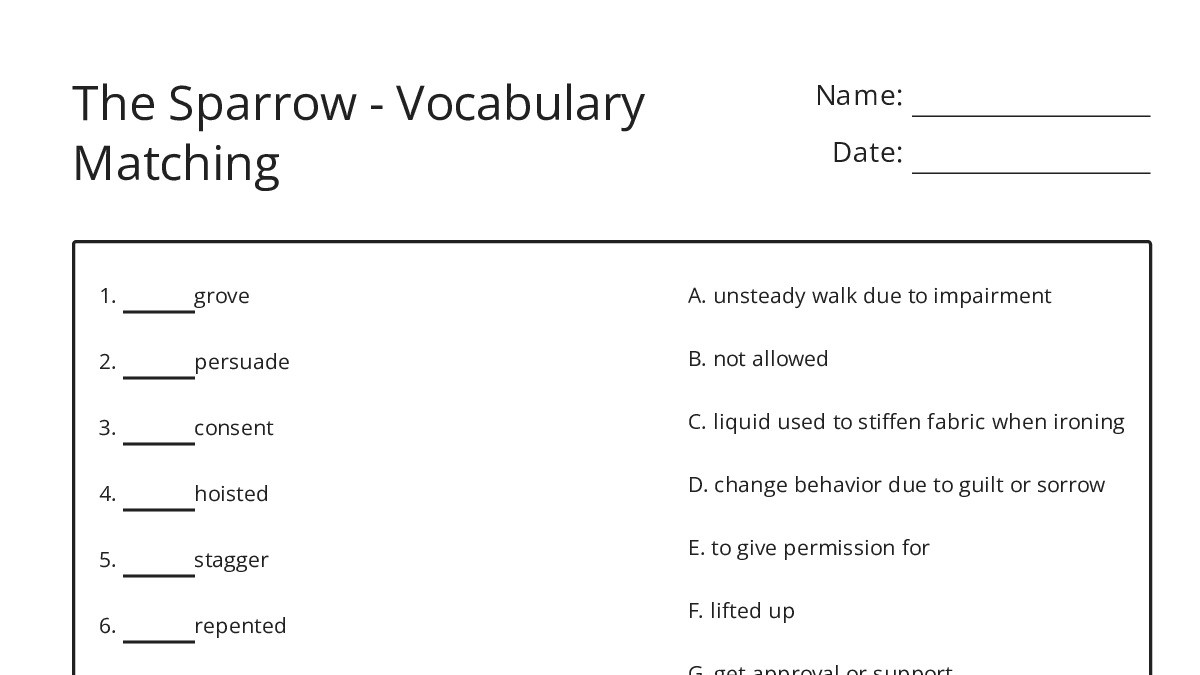 The Sparrow - Vocabulary Matching - My Worksheet Maker: Create Your Own ...