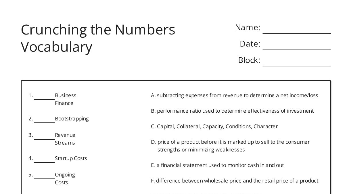 Crunching the Numbers Vocabulary - My Worksheet Maker: Create Your Own ...