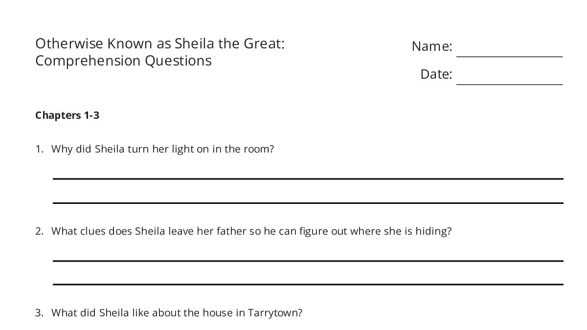 Otherwise Known as Sheila the Great: Comprehension Questions - My ...