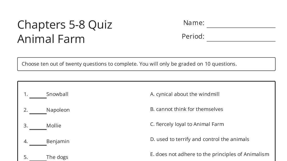 Chapters 5-8 Quiz Animal Farm - My Worksheet Maker: Create Your Own ...