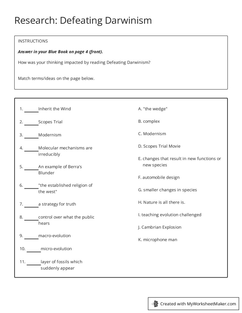 Research: Defeating Darwinism - My Worksheet Maker: Create Your Own ...