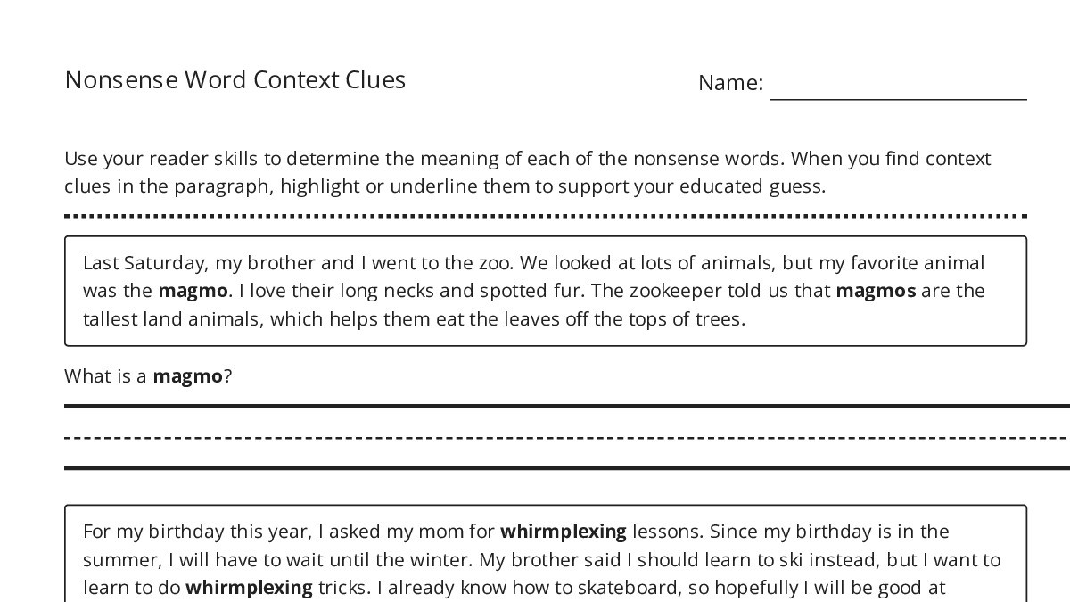 Nonsense Word Context Clues - My Worksheet Maker: Create Your Own ...