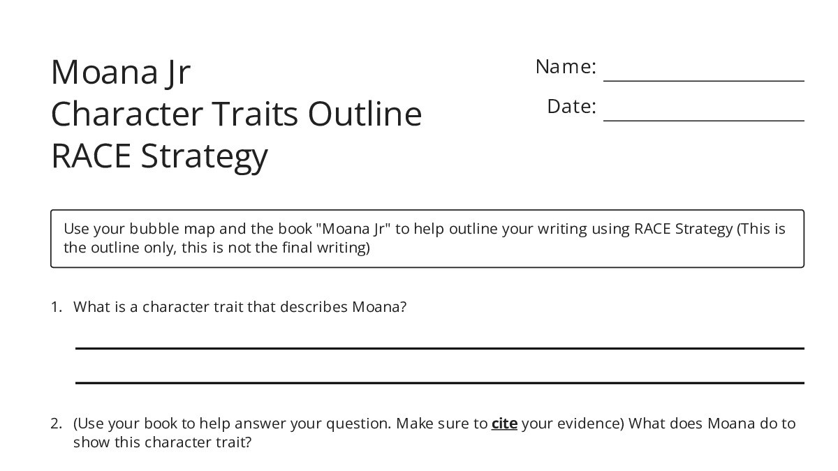 Moana Jr Character Traits Outline RACE Strategy - My Worksheet Maker ...