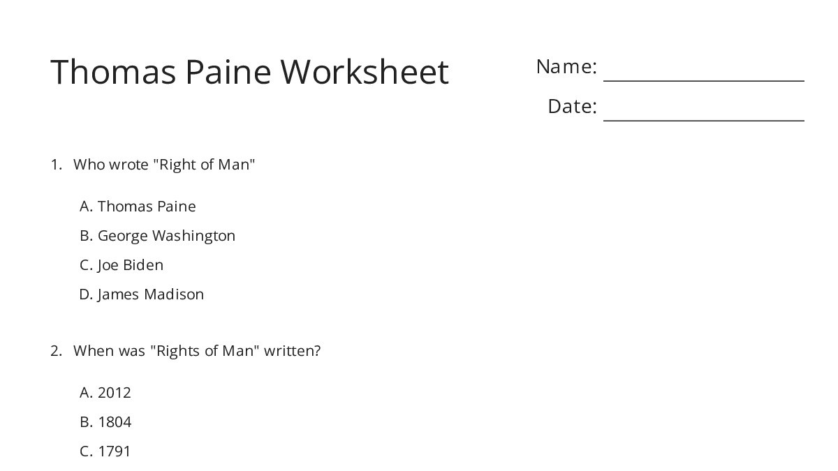 Thomas Paine Worksheet - My Worksheet Maker: Create Your Own Worksheets