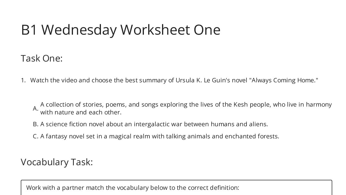 B1 Wednesday Worksheet One - My Worksheet Maker: Create Your Own Worksheets