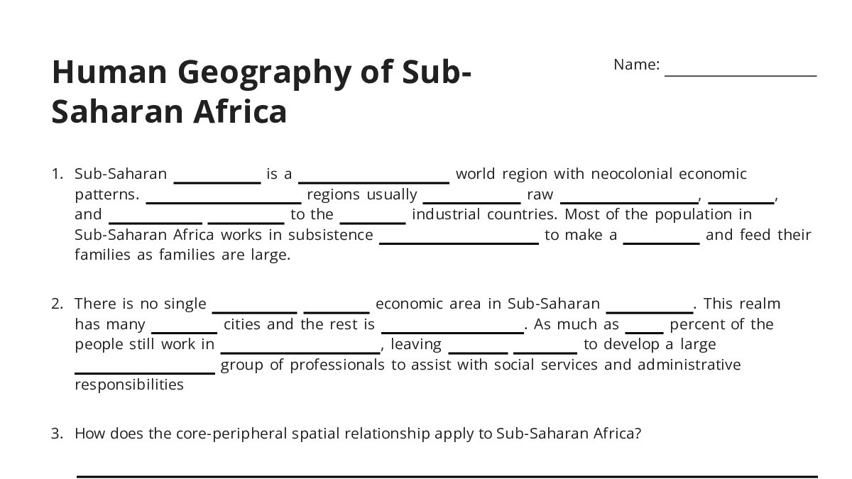 Human Geography of Sub-Saharan Africa - My Worksheet Maker: Create Your ...