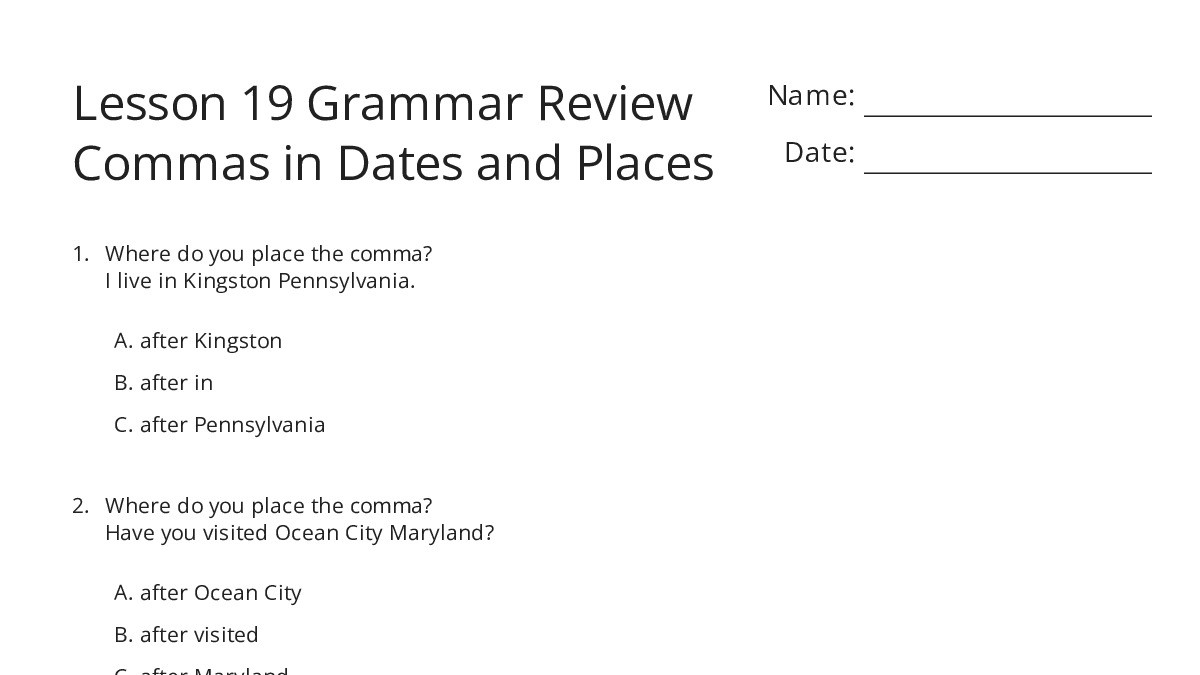 Lesson 19 Grammar Review Commas in Dates and Places - My Worksheet ...