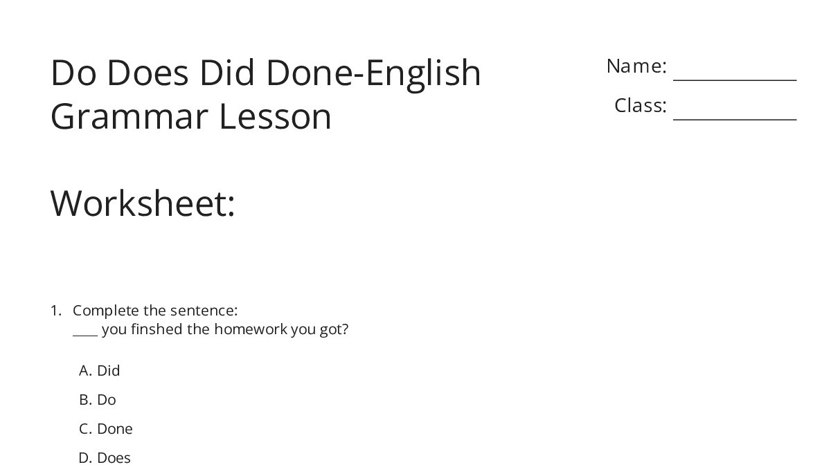 Do Does Did Done-English Grammar Lesson Worksheet: - My Worksheet Maker ...