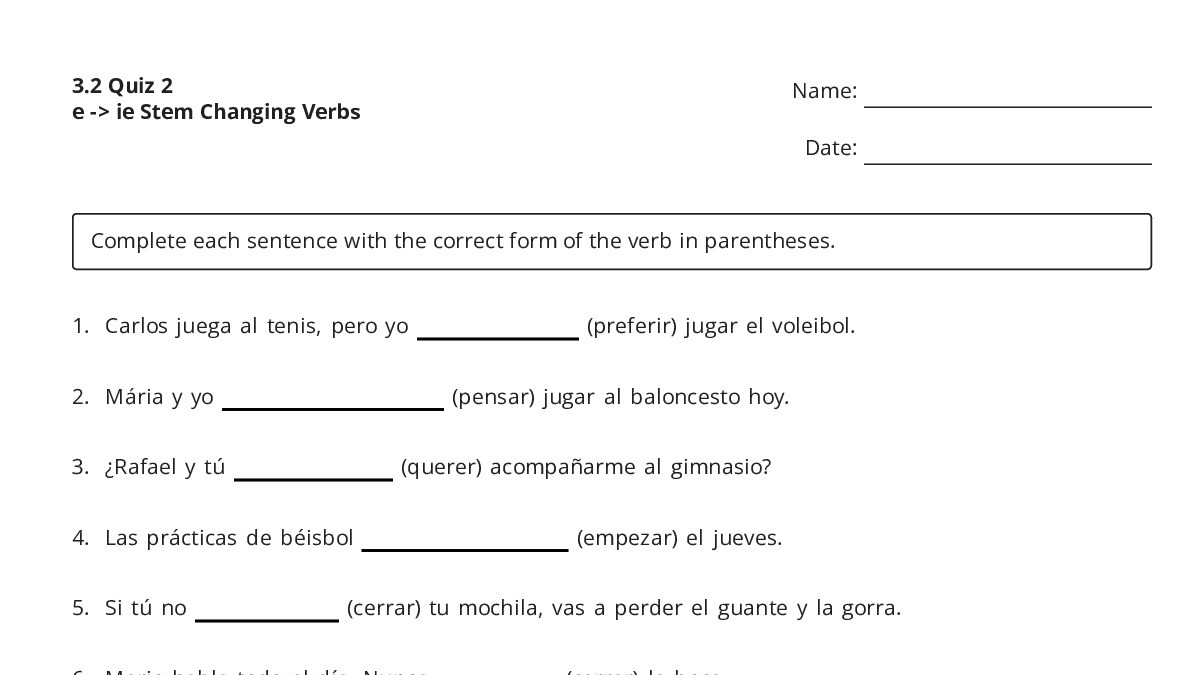 3.2 Quiz 2 e -> ie Stem Changing Verbs - My Worksheet Maker: Create ...