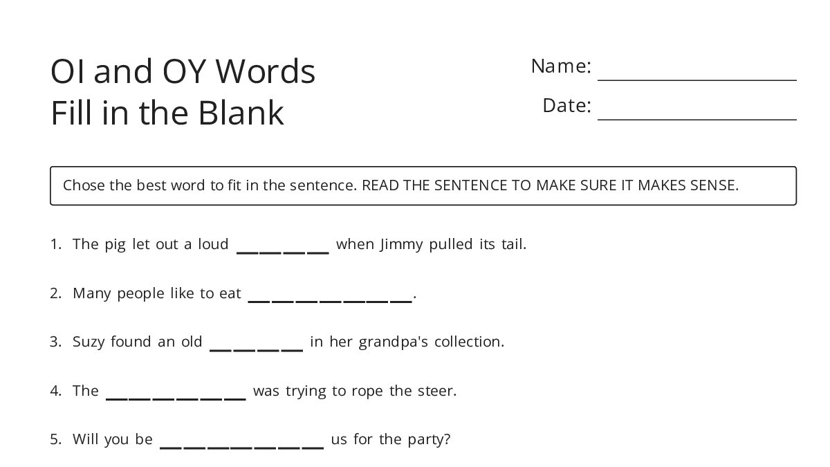 OI and OY Words Fill in the Blank - My Worksheet Maker: Create Your Own ...