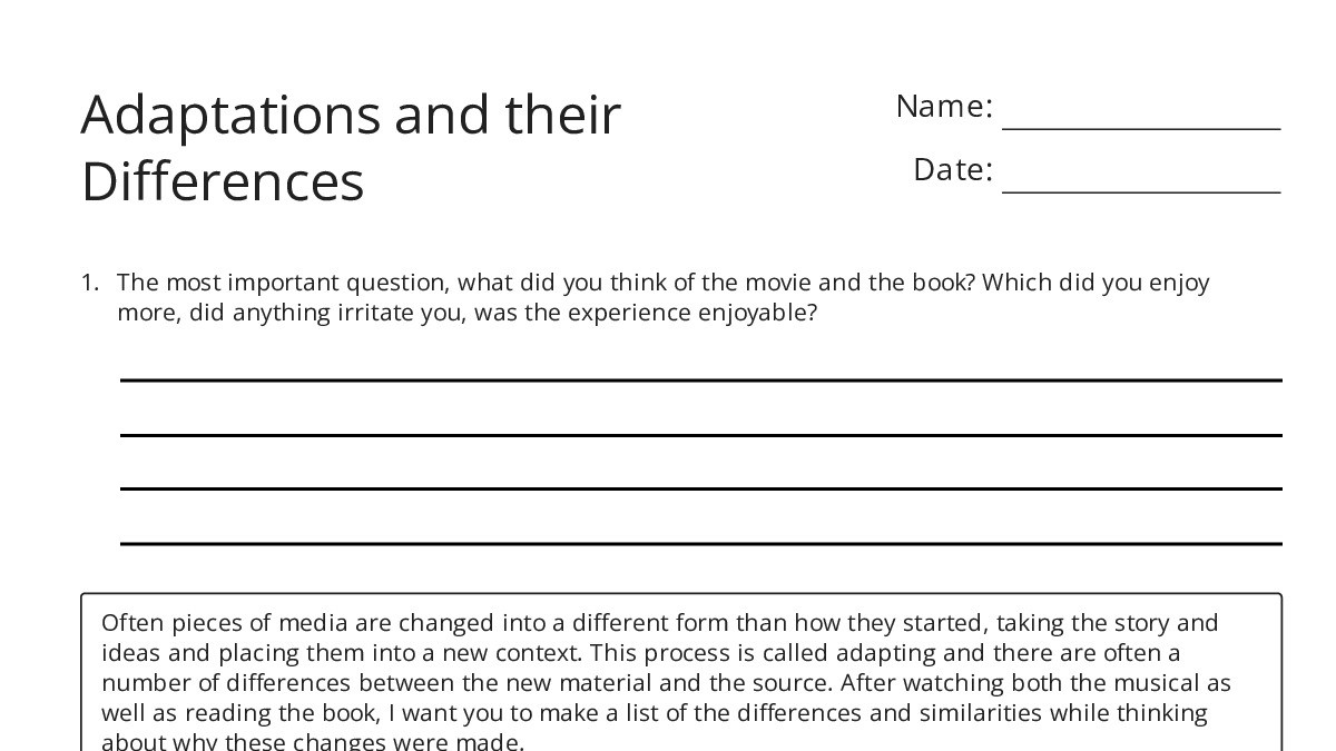 Adaptations and their Differences - My Worksheet Maker: Create Your Own ...