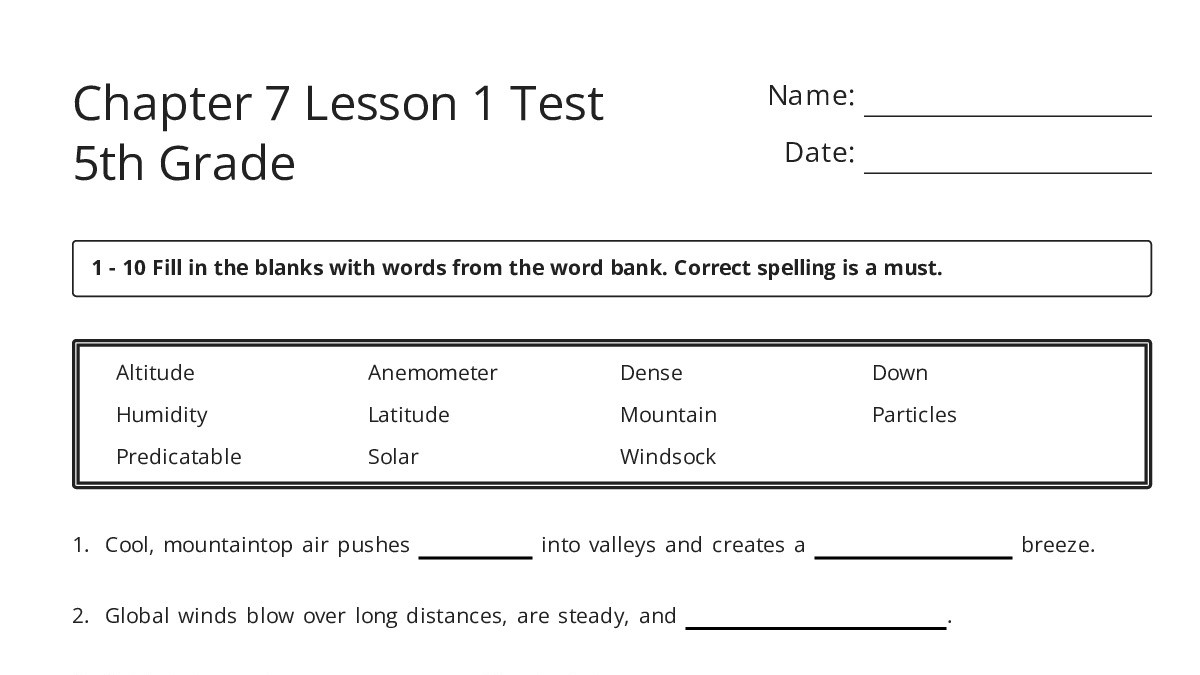 Chapter 7 Lesson 1 Test 5th Grade - My Worksheet Maker: Create Your Own ...