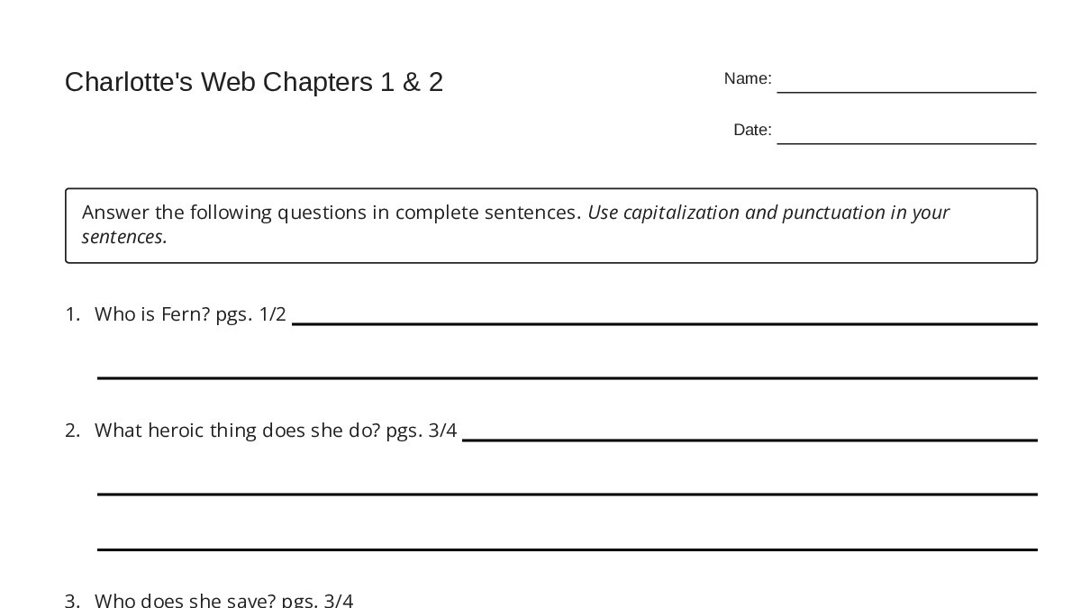 Charlotte's Web Chapters 1 & 2 - My Worksheet Maker: Create Your Own ...