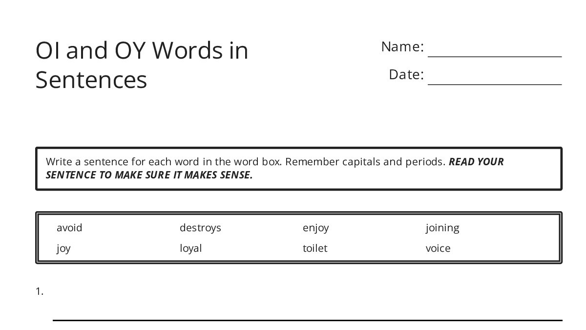 OI and OY Words in Sentences - My Worksheet Maker: Create Your Own ...