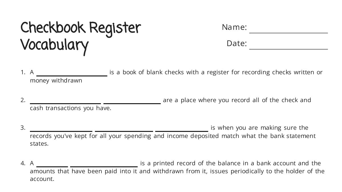 Checkbook Register Vocabulary - My Worksheet Maker: Create Your Own ...