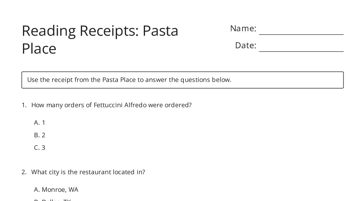 Reading Receipts: Pasta Place - My Worksheet Maker: Create Your Own ...