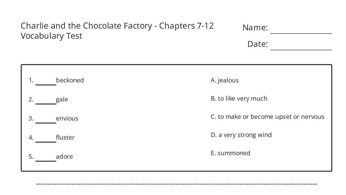 Charlie and the Chocolate Factory - Chapters 7-12 Vocabulary Test - My ...