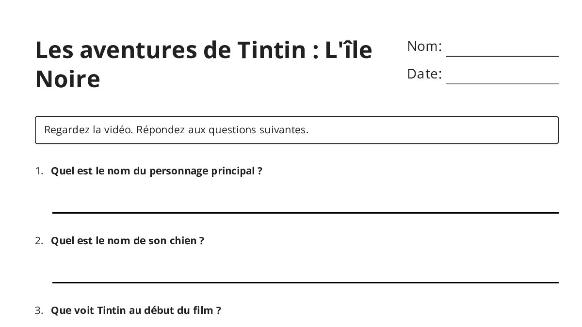 Les aventures de Tintin : L'île Noire - My Worksheet Maker: Create Your ...