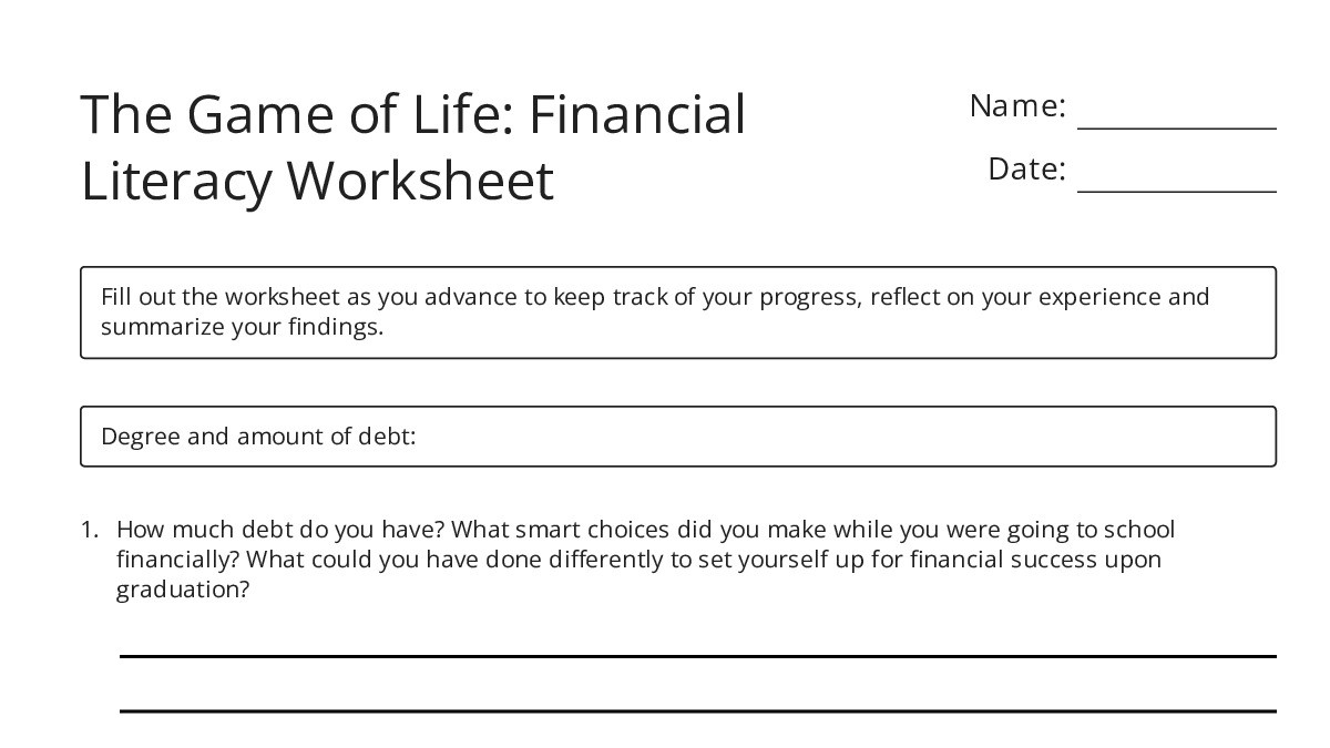The Game of Life: Financial Literacy Worksheet - My Worksheet Maker ...