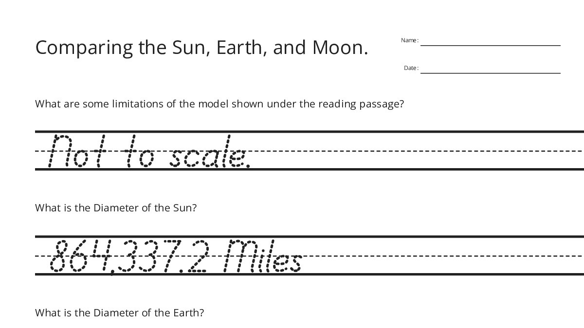 Comparing the Sun, Earth, and Moon. - My Worksheet Maker: Create Your ...