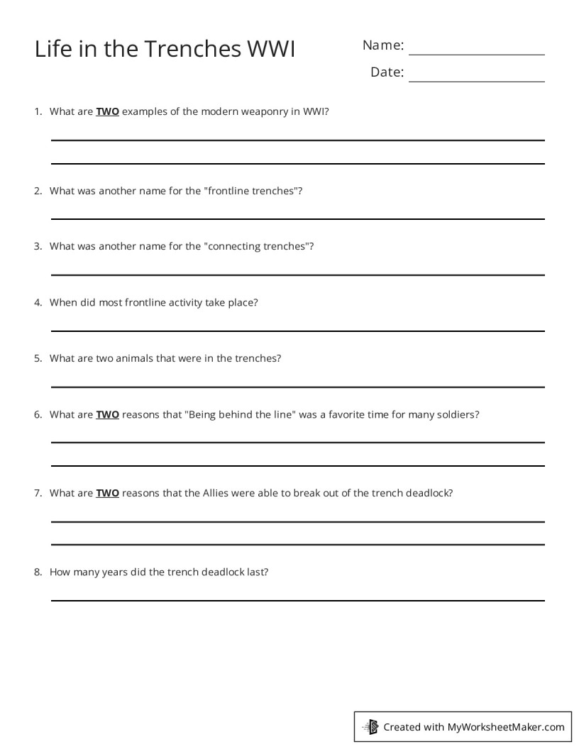 Life in the Trenches WWI - My Worksheet Maker: Create Your Own Worksheets
