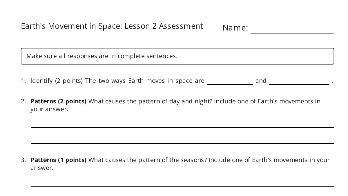 Earth's Movement in Space: Lesson 2 Assessment - My Worksheet Maker ...