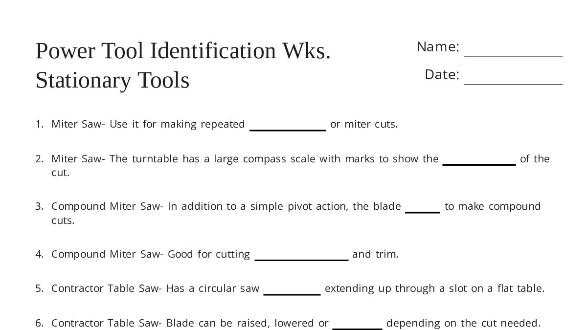 Power Tool Identification Wks. Stationary Tools - My Worksheet Maker ...