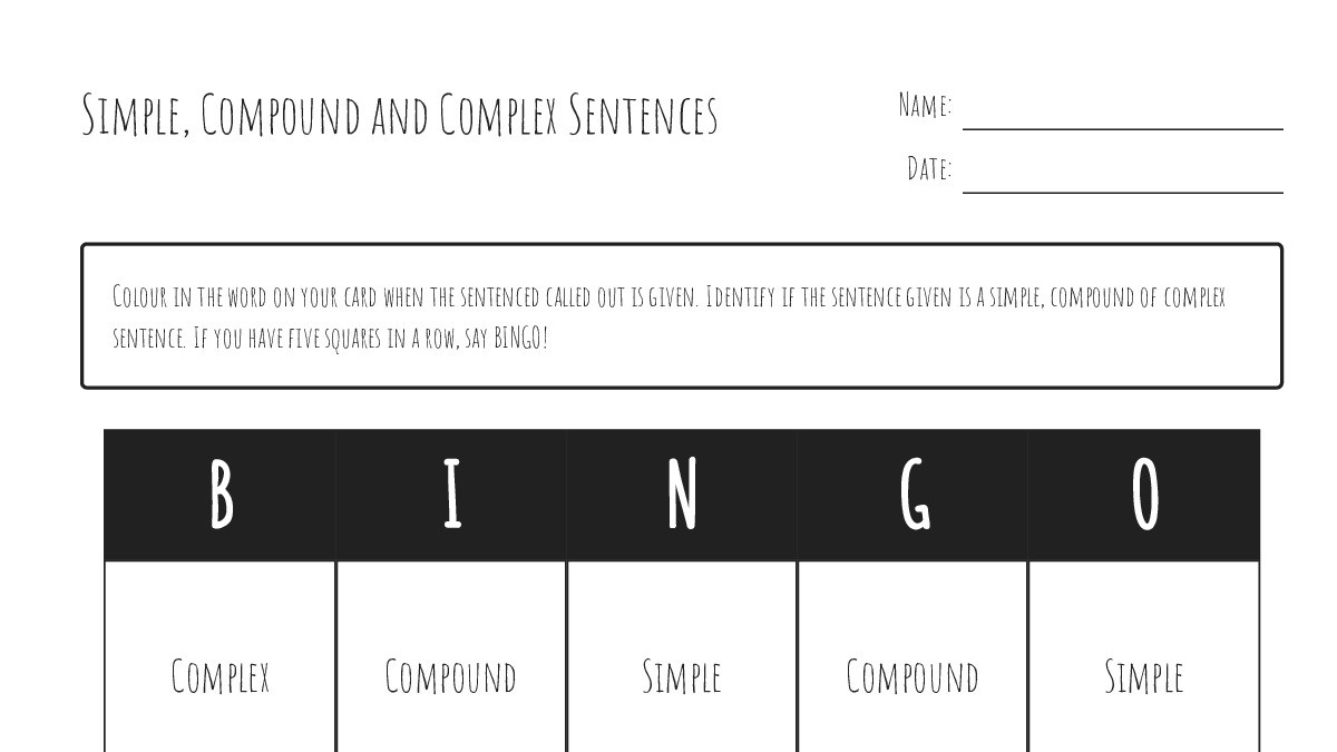 Simple, Compound and Complex Sentences - My Bingo Maker: Create Your ...