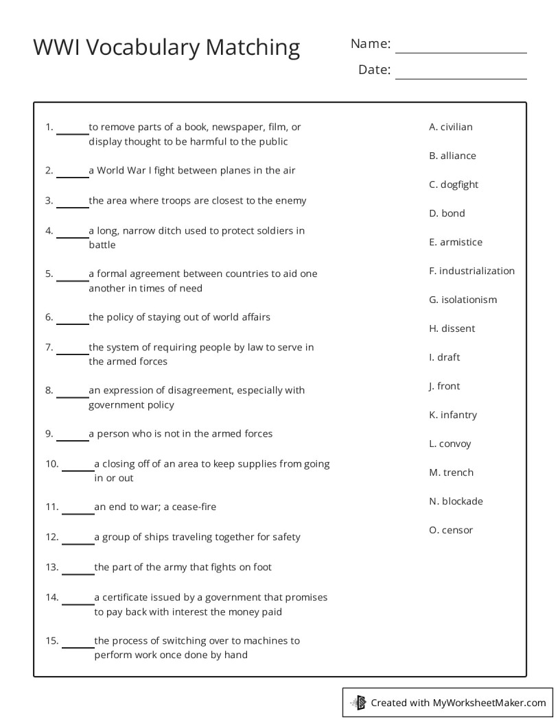 WWI Vocabulary Matching - My Worksheet Maker: Create Your Own Worksheets