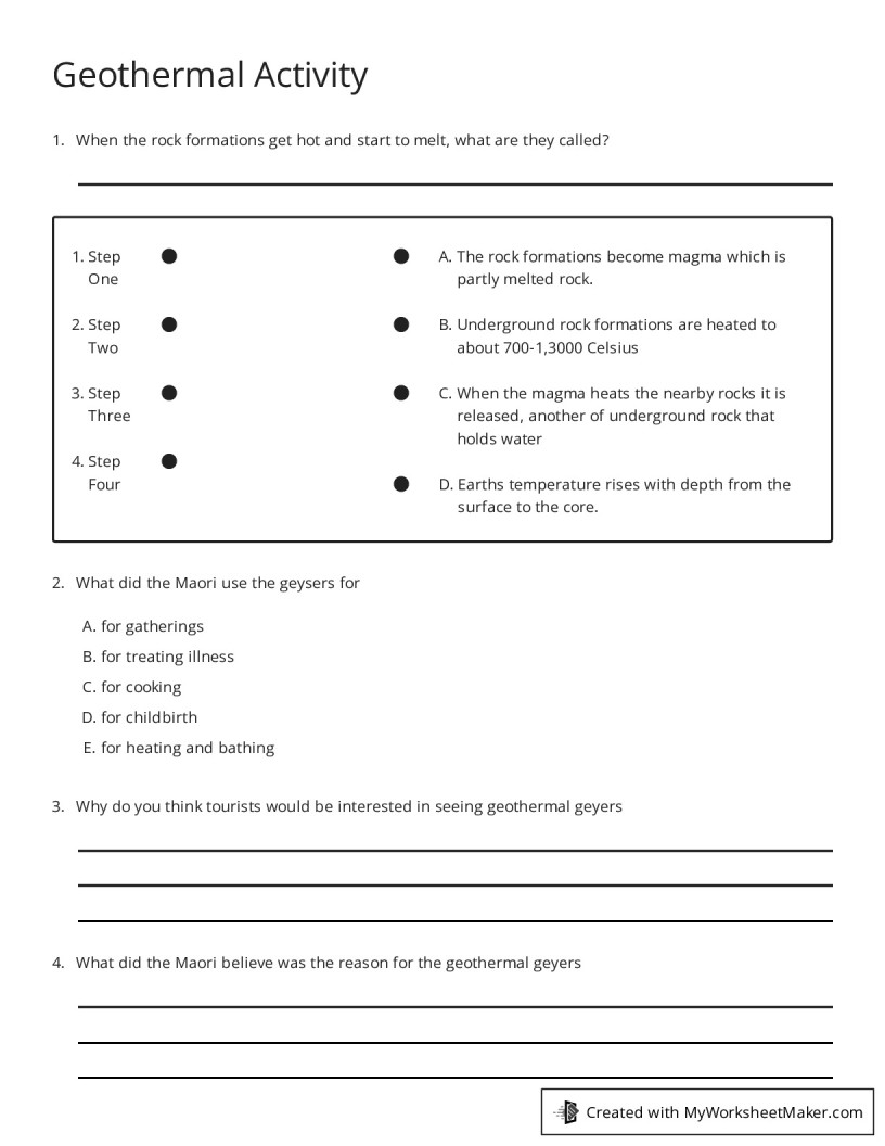 Geothermal Activity - My Worksheet Maker: Create Your Own Worksheets