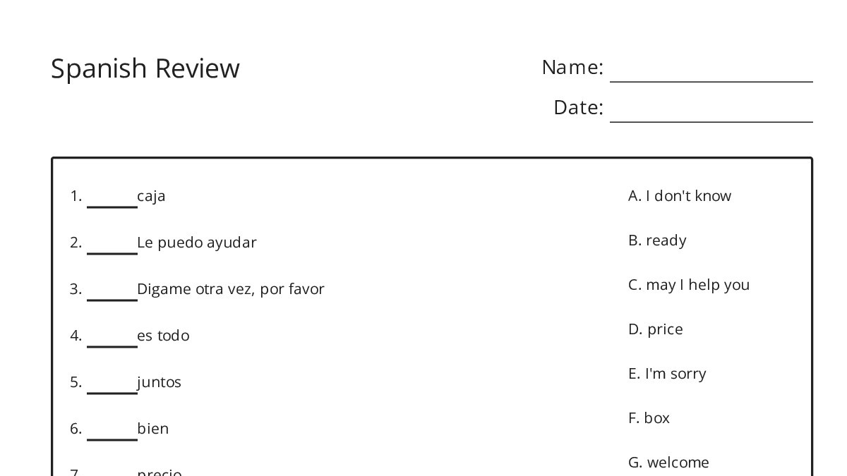 Spanish Review - My Worksheet Maker: Create Your Own Worksheets
