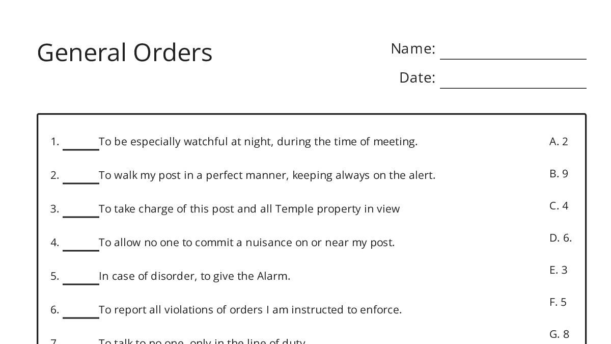 General Orders - My Worksheet Maker: Create Your Own Worksheets