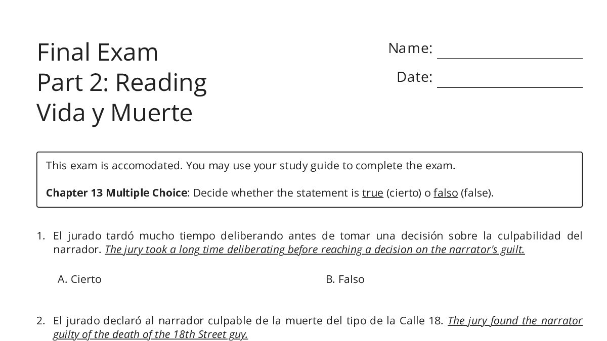 Final Exam Part 2: Reading Vida y Muerte - My Worksheet Maker: Create ...