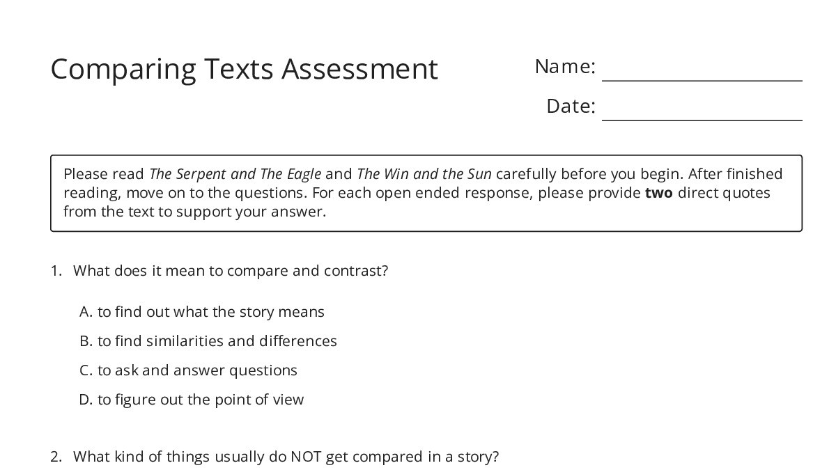 Comparing Texts Assessment - My Worksheet Maker: Create Your Own Worksheets