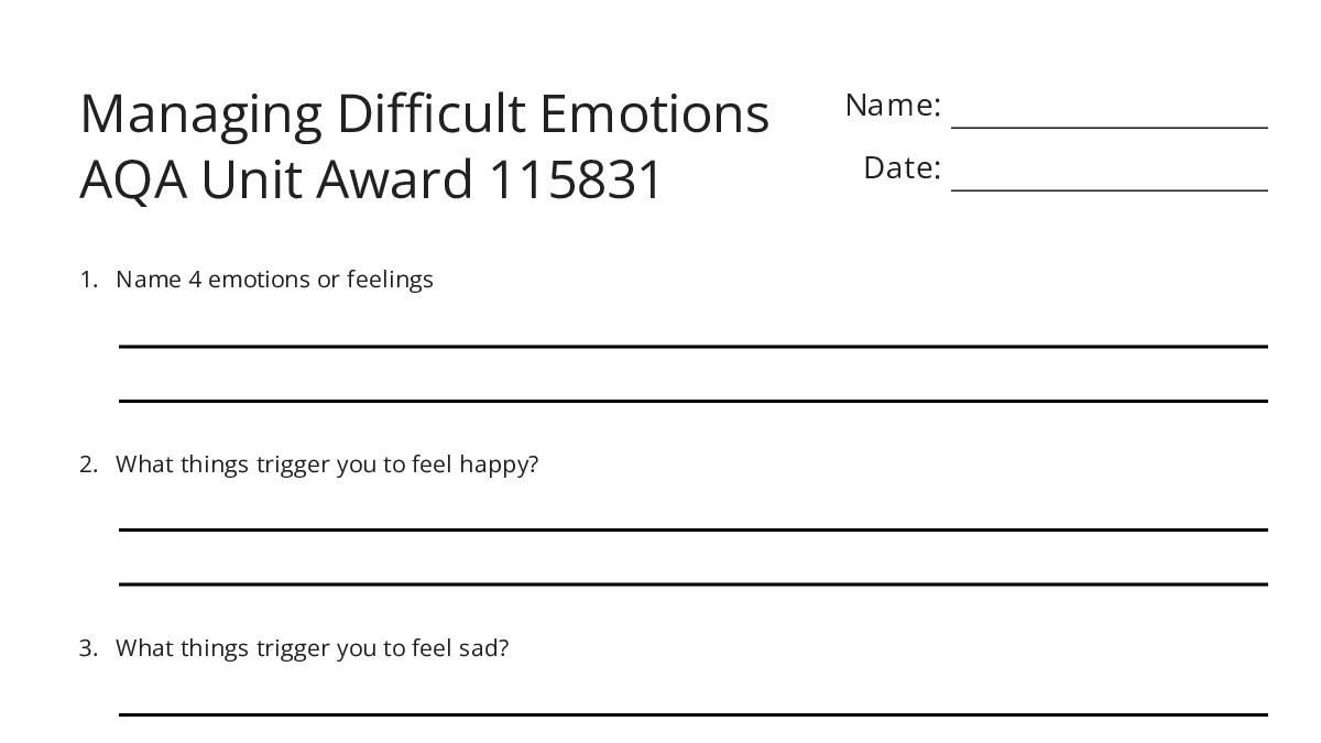 Managing Difficult Emotions AQA Unit Award 115831 - My Worksheet Maker ...