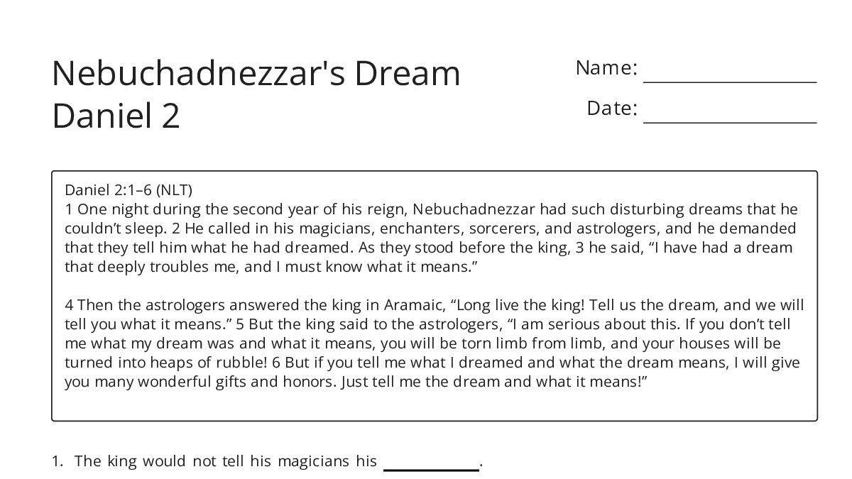 Nebuchadnezzar's Dream Daniel 2 - My Worksheet Maker: Create Your Own ...