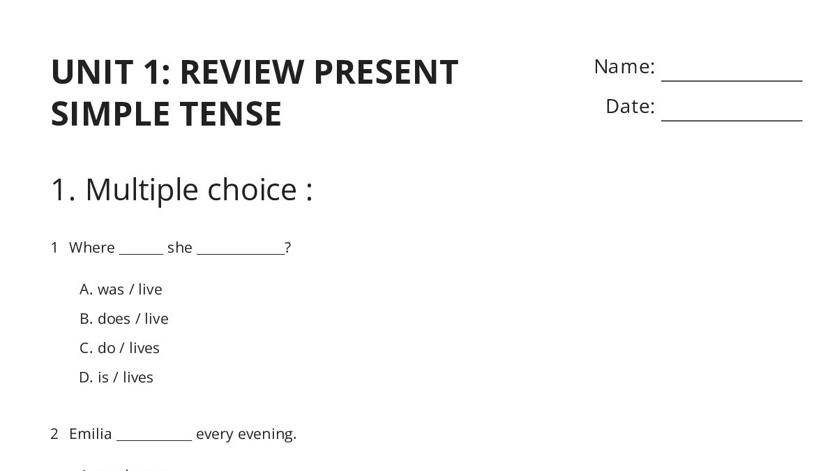 UNIT 1: REVIEW PRESENT SIMPLE TENSE - My Worksheet Maker: Create Your ...