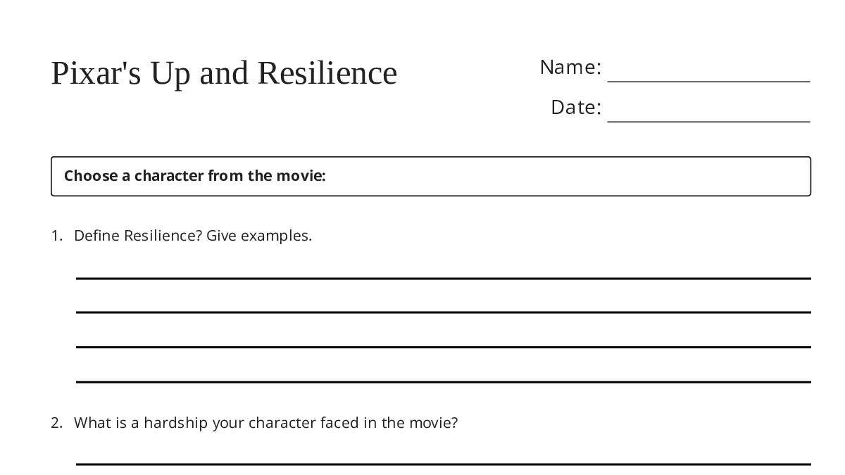 Pixar's Up and Resilience - My Worksheet Maker: Create Your Own Worksheets