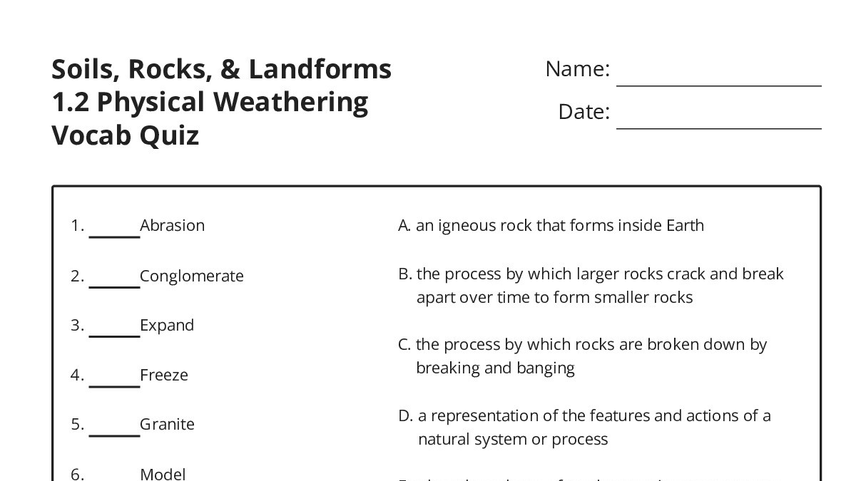 Soils, Rocks, & Landforms 1.2 Physical Weathering Vocab Quiz - My ...