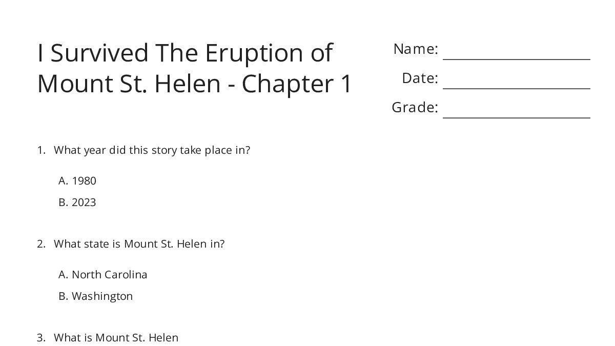 I Survived The Eruption of Mount St. Helen - Chapter 1 - My Worksheet ...