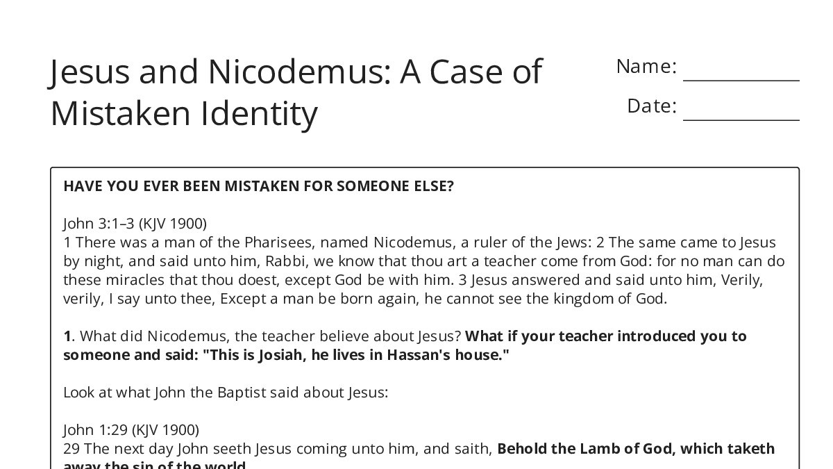 Jesus and Nicodemus: A Case of Mistaken Identity - My Worksheet Maker ...