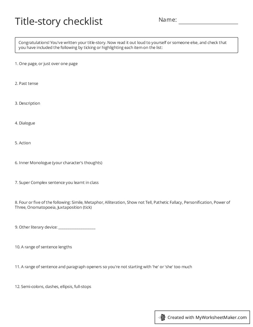 Title-story checklist - My Worksheet Maker: Create Your Own Worksheets