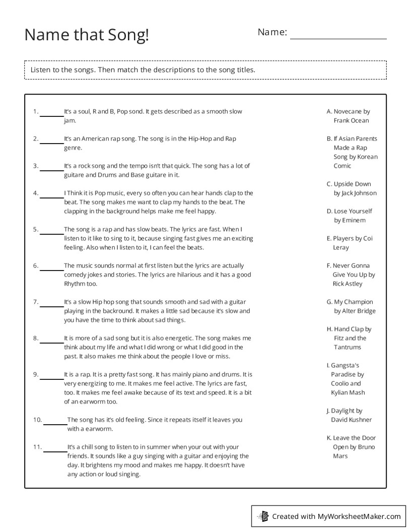 Name that Song! - My Worksheet Maker: Create Your Own Worksheets